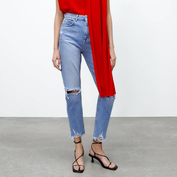 Zara | Jeans | Zara Ripped Mom Fit Jeans High Rise Distressed Knee Rip ...